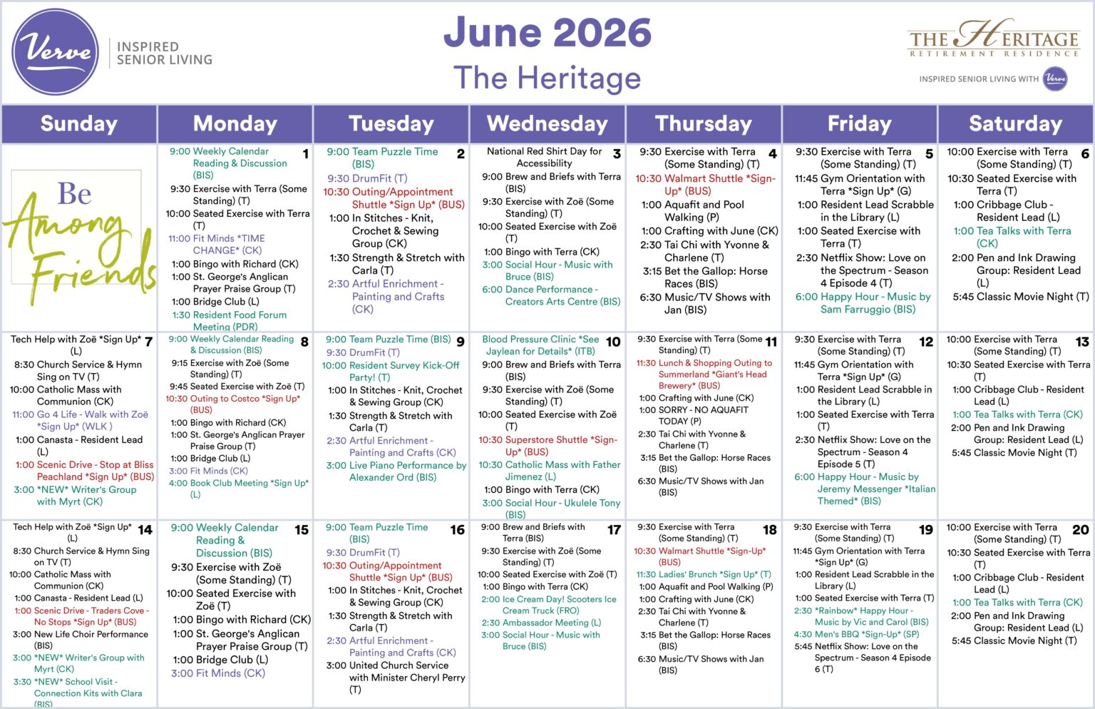 June 2026 - Monthly Activity Calendar! - The Heritage Retirement Residence
